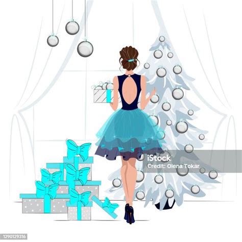 겨울 휴일 메리 크리스마스와 행복한 새해를위한 인사말 카드 우아하게 옷을 입은 소녀는 크리스마스 트리 크리스마스 트리장식 아름다운 소녀와 패션 일러스트 벡터 플랫을 장식