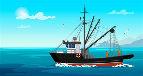 빈 어망이 있는 상업용 어선 바다에서 일하는 어부와 함께 낚시 보트 세느 강 바다 음식으로 잡기 참치 청어 정어리 연어 바다