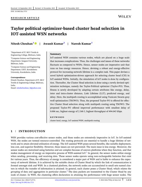 Taylor Political Optimizer‐based Cluster Head Selection In Iot‐assisted Wsn Networks Request Pdf