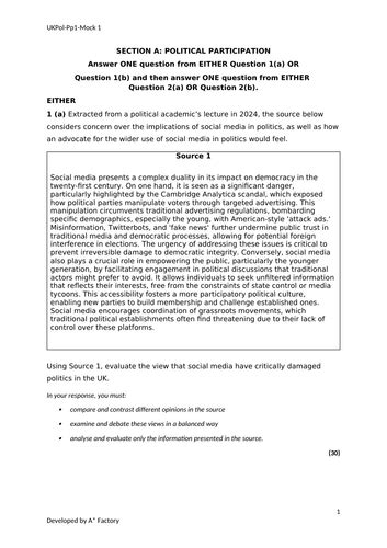 2025 Predicted Edexcel Government And Politics Mock 1 Paper 1 Uk Politics And Core Ideologies With