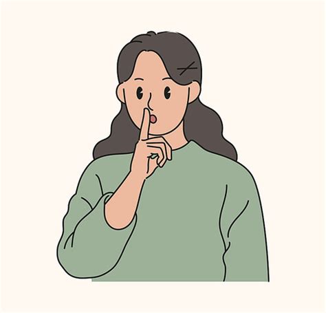 유토이미지 한 여성이 손가락으로 쉿 하는 동작을 하고 있다 손그림 스타일 일러스트레이션