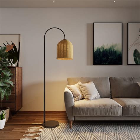 Boho Rattan Floor Lamp With Natural Rattan Shade Rustic Arc Standing