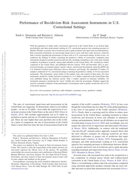 Pdf Performance Of Recidivism Risk Assessment Instruments In U S