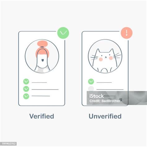 검증 및 확인되지 않은 상태 확인 표시가 있는 프로필 인증 시스템 데이터 액세스 식별 사용자 등록 또는 로그인 양식 귀여운 편평한 윤곽선 Ui 벡터 검사 보기에 대한 스톡