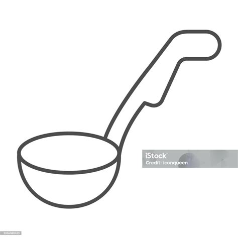 금속 국자 얇은 선 아이콘 요리 개념 벡터 그래픽입니다 흰색 배경에 볼링 물 기호에 대한 요리 도구 모바일 또는 웹 디자인에 대한 개요 스타일 아이콘 아이스크림 숟갈에 대한