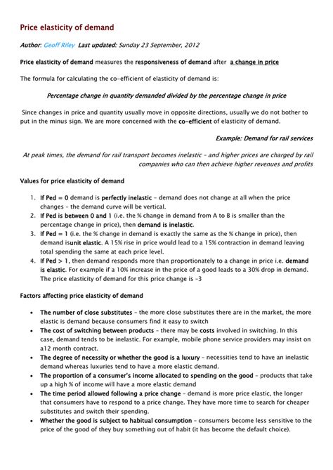 Values For Price Elasticity Of Demand