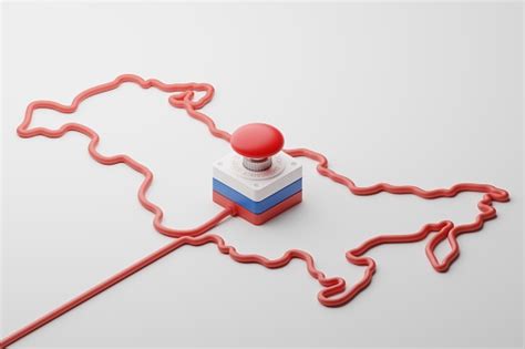 아이소 메트릭 3d 렌더링 비상 버튼 러시아 국기 국가지도 패턴 케이블로 만든 위기 충돌 전쟁 개념 디자인 일러스트 레이 션은 복사 공간이 있는 흰색 배경에 고립되어