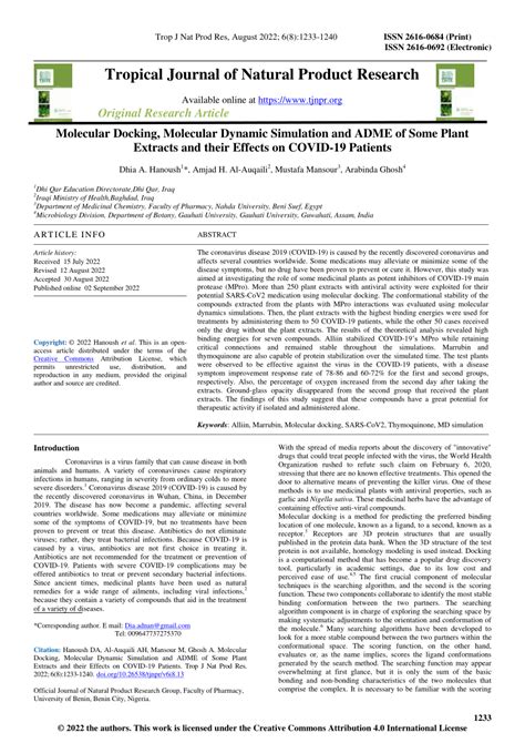 Pdf Molecular Docking Molecular Dynamic Simulation And Adme Of Some Plant Extracts And Their