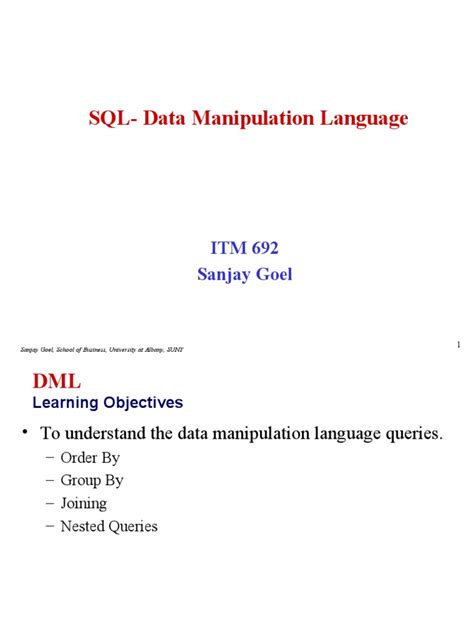 Sql Data Manipulation Language Itm 692 Sanjay Goel Pdf Table