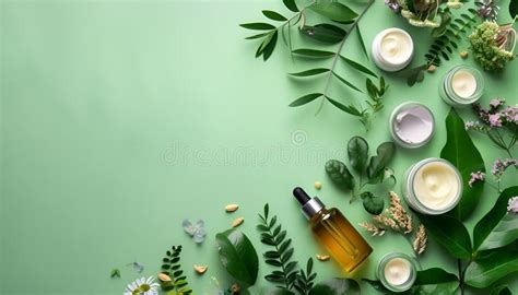Organic Skin Care Cosmetic Products Natural Plant Ingredients On Green