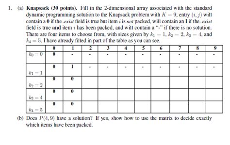 Solved 1 A Knapsack 30 Points Fill In The