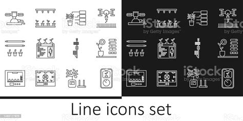 세트 라인 스마트 농업 기술 꽃 상태 분석 전구 및 식물 포함 자동 관개 스프링클러 독립형 센서 및 아이콘 벡터 부화장에 대한 스톡 벡터 아트 및 기타 이미지 Istock