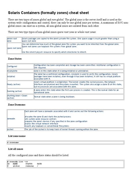 Solaris Containers Formally Zones Cheat Sheet Zone States Pdf Computer Architecture