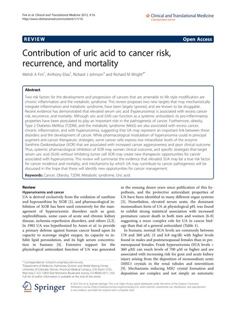 Pdf Contribution Of Uric Acid To Cancer Risk Recurrence And Mortality