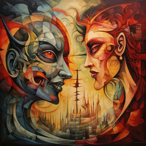 Artistic Cubist Representation Of Contrasting Abstract Faces Against A City Backdrop Ai