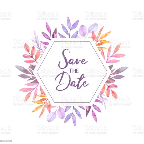 손으로 그린 수채화 그림 바이올렛 지점과 잎 식물 레이블입니다 날짜를 저장 합니다 꽃 디자인 요소입니다 초대장 인사말 카드 인쇄 포장 등을 위한 완벽 한 0명에 대한 스톡