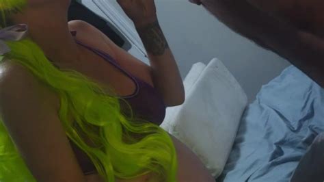 Pregnant Blindfolded Wife With Neon Yellow Hair Teasing A Cock With