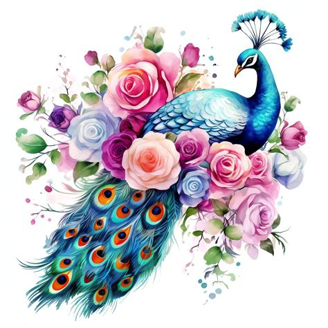 Premium Ai Image Beautiful Colorful Peacock And Roses Clipart