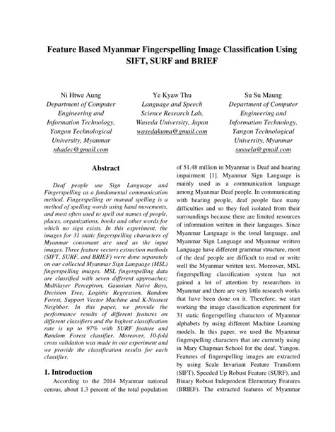 Pdf Feature Based Myanmar Fingerspelling Image Classification Using Sift Surf And Brief