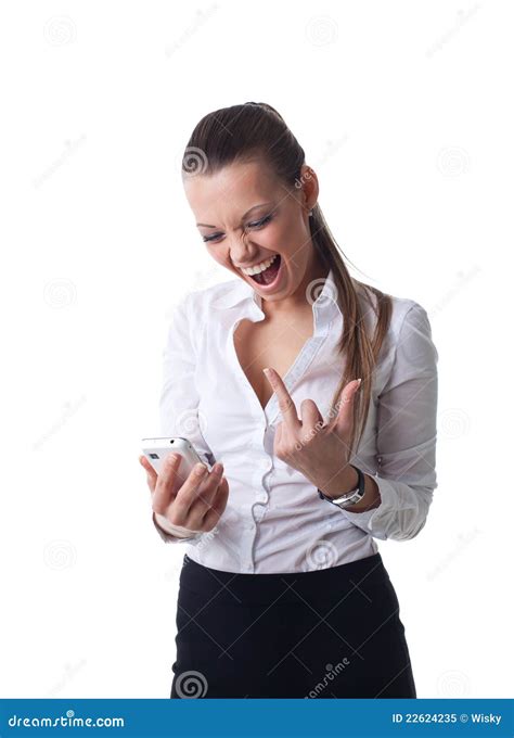 Giovane Segno Di Scopata Della Donna Di Affari Di Rabbia Sulla Cella Immagine Stock Immagine