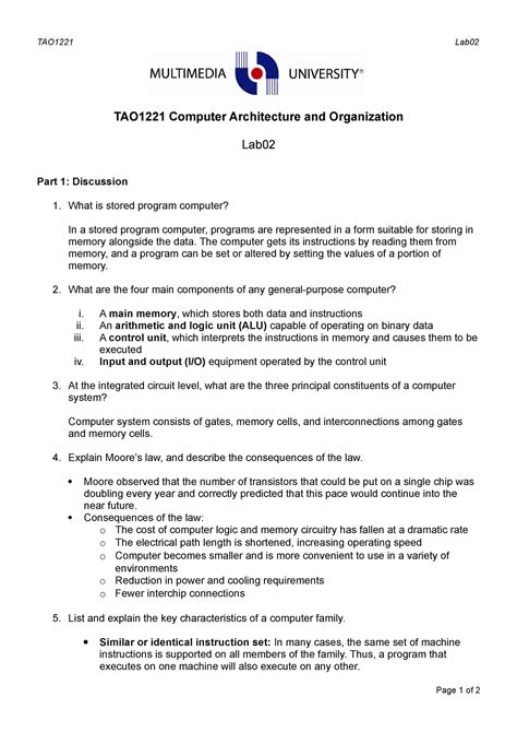 Lab02 Solution LAB ANSWER TAO1221Lab TAO1221 Computer Architecture