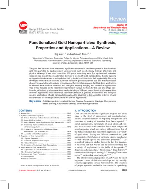 Pdf Functionalized Gold Nanoparticles Synthesis Properties And Applications—a Review
