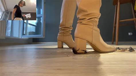 Young Brunette Crush Bugs In Nice Beige Boots