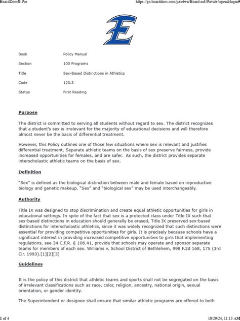 Etown Policy 1233 Sex Based Distinctions In Athletics Pdf Title Ix Discrimination