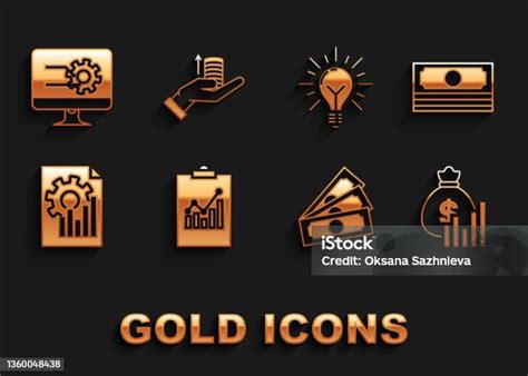 그래프 차트와 클립 보드를 설정 종이 돈 현금 돈 가방 및 다이어그램 문서 빛 전구 광선 아이디어의 개념을 빛나는 컴퓨터 모니터와 손 아이콘 벡터 가방에 대한 스톡 벡터