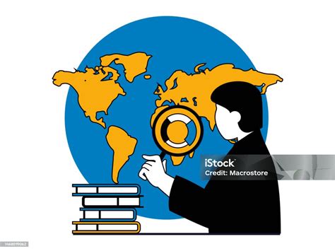 캐릭터 상황과 교육 개념 학생들은 세계지도를 공부하고 책에서 지식을 얻고 지리 수업을 준비합니다 웹용 평면 디자인의 사람 장면이 있는 벡터 삽화 개념에 대한 스톡 벡터 아트