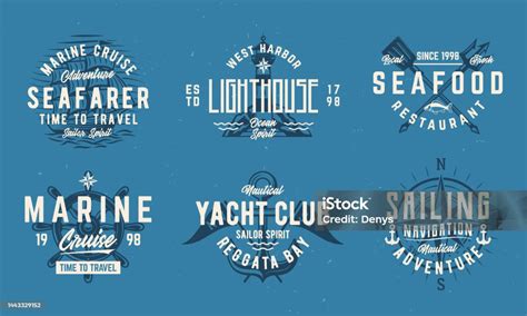 해상 바다 기호 세트입니다 닻 배 바퀴 나침반 아이콘이 있는 6개의 해양 엠블럼 힙 스터 디자인 해양 바다 라벨 엠블럼 포스터