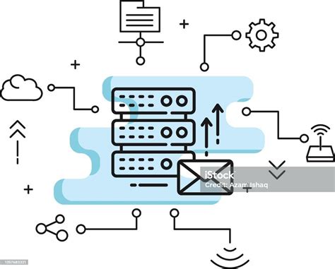 아웃바운드 이메일 인터페이스 벡터 아이콘 디자인 클라우드 컴퓨팅 및 인터넷 호스팅 서비스 기호 메일 교환 기계 스톡 일러스트레이션 나가는 전자 메일 서버 개념 0명에 대한