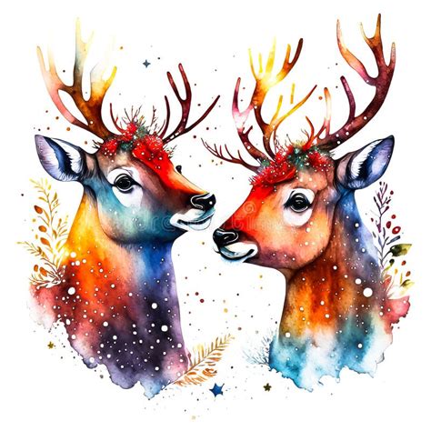 Happiness Lovely Reindeer Face Drawing Watercolor Art Background Stock Illustration