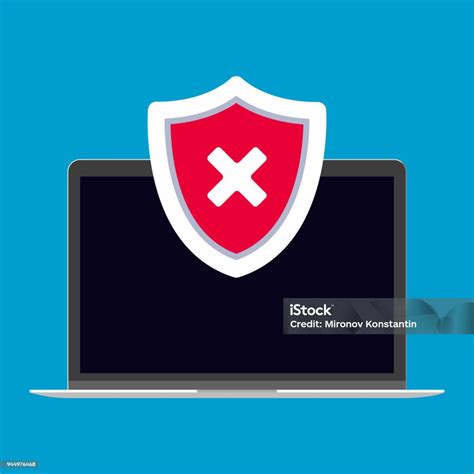 현대 장치노트북 노트북 Netbook Pc 플랫 디자인 확인 표시와 함께 방패에 크로스 X 화면 아이콘 벡터 일러스트 레이 션에 태 어 났 죠 파란색 배경에 고립 된 보호의