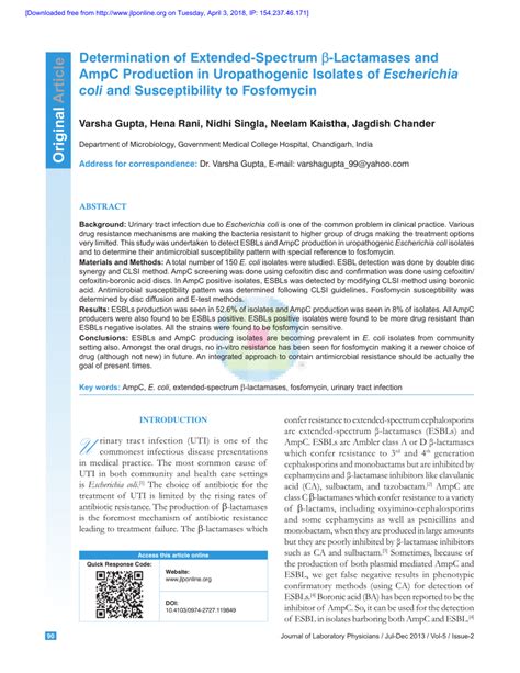 Pdf Determination Of Extended Spectrum β Lactamases And Ampc Production In Uropathogenic