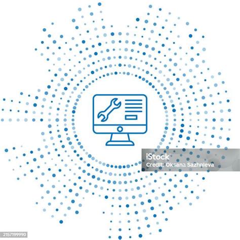 파란색 선 렌치 아이콘이 있는 컴퓨터 모니터가 흰색 배경에 분리되어 있습니다 조정 서비스 설정 유지 보수 수리 추상 원 무작위 점 벡터 개념에 대한 스톡 벡터 아트 및 기타