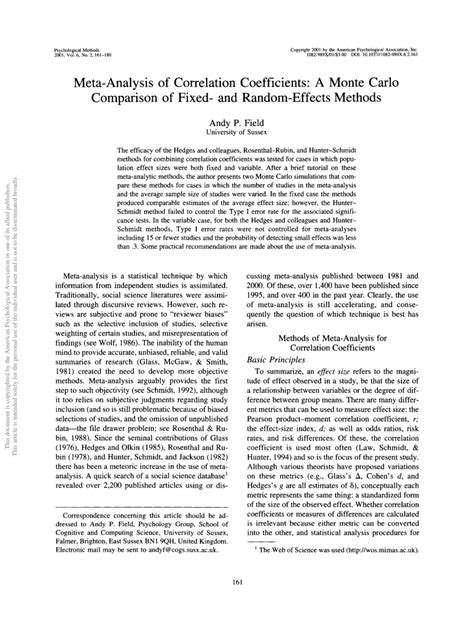 Meta Analysis Of Correlation Coefficients A Monte Carlo Comparison Of