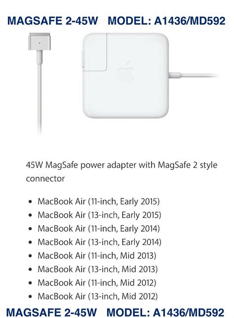 Apple 45w Magsafe 2 Power Adapter Charger For Macbook Air