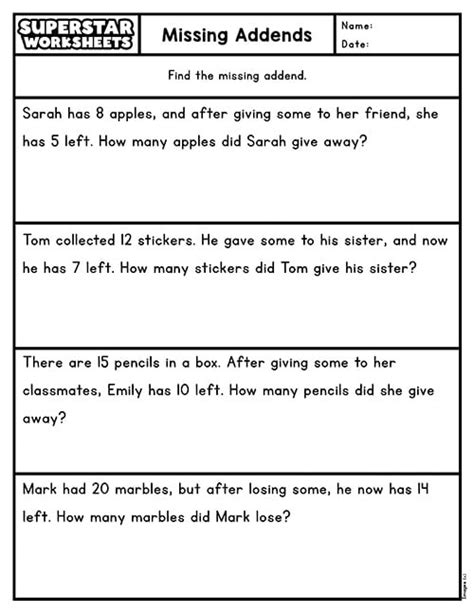 Missing Addend Worksheets Superstar Worksheets