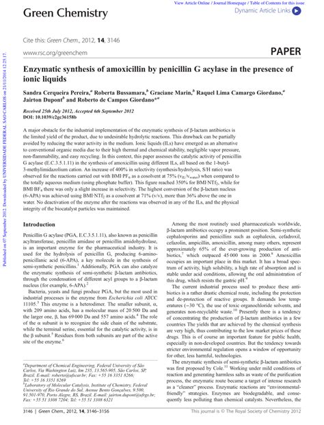 Pdf Enzymatic Synthesis Of Amoxicillin By Penicillin G Acylase In The Presence Of Ionic Liquids