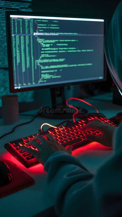 hacker types on glowing red keyboard with green code illuminating