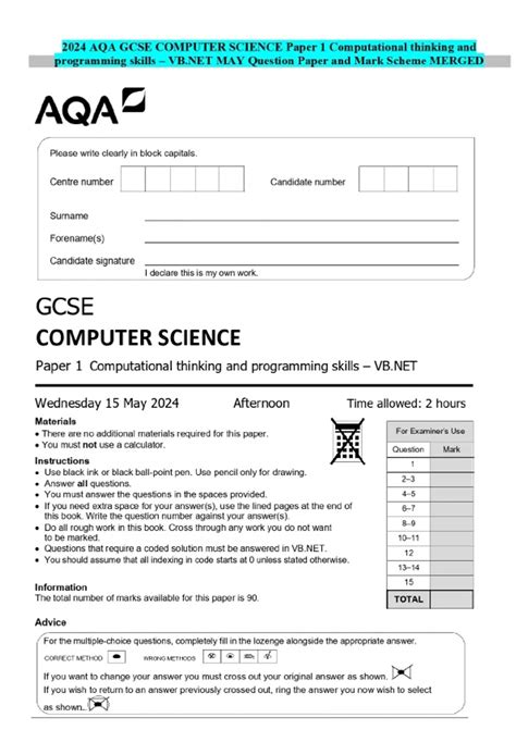 2024 Aqa Gcse Computer Science Paper 1 Computational Thinking And Programming Skills Vbnet