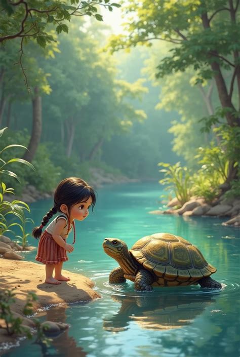 गाँव की एक छोटी लड़की नदी किनारे एक बोलता हुआ कछुआ ढूंढती है Seaart Ai