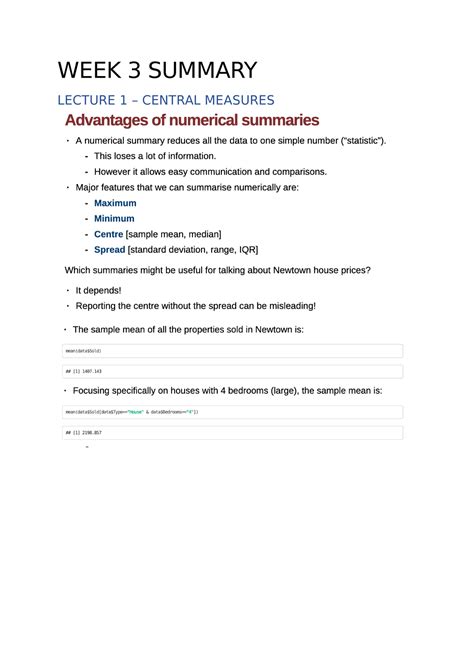 Week 3 Lecture Notes Week 3 Math1005 Week 3 Summary Lecture 1 Central Measures Sample