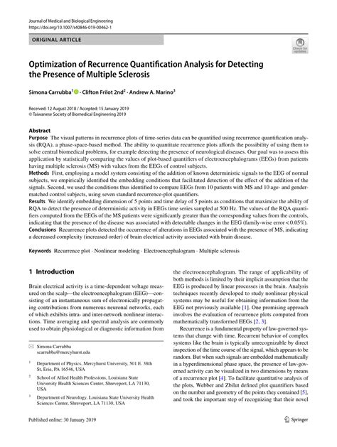 Pdf Optimization Of Recurrence Quantification Analysis For Detecting The Presence Of Multiple
