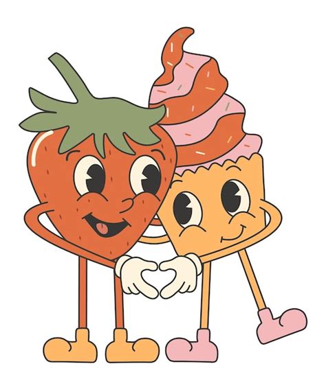 레트로 그루비 발렌타인 데이 스티커 귀엽고 재미있는 캐릭터 70s 60s 만화 미학 프리미엄 벡터