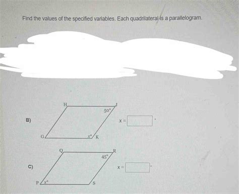 solved find the values of the specified variables each quadrilateral