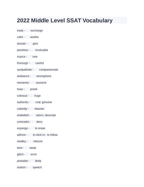 2022 Middle Level Ssat Vocabulary Exams Nursing Docsity