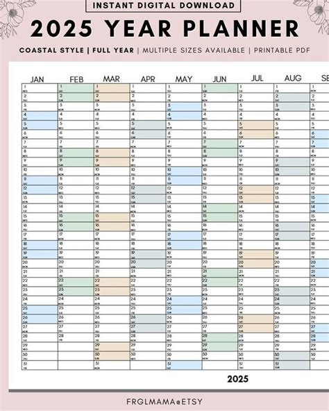 Printable Yearly Planner Calendar 2025 Yearly Overview 2025 Year At A