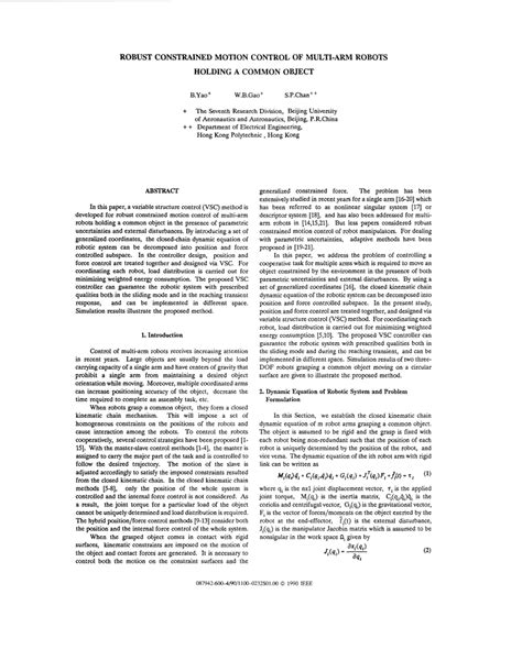 Pdf Robust Constrained Motion Control Of Multi Arm Robots Holding A